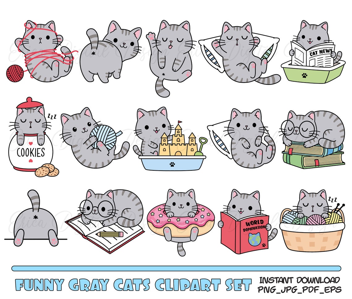 Gray Cats Clipart Bundle Funny Cute Cat Clip Arts Kawaii - Etsy