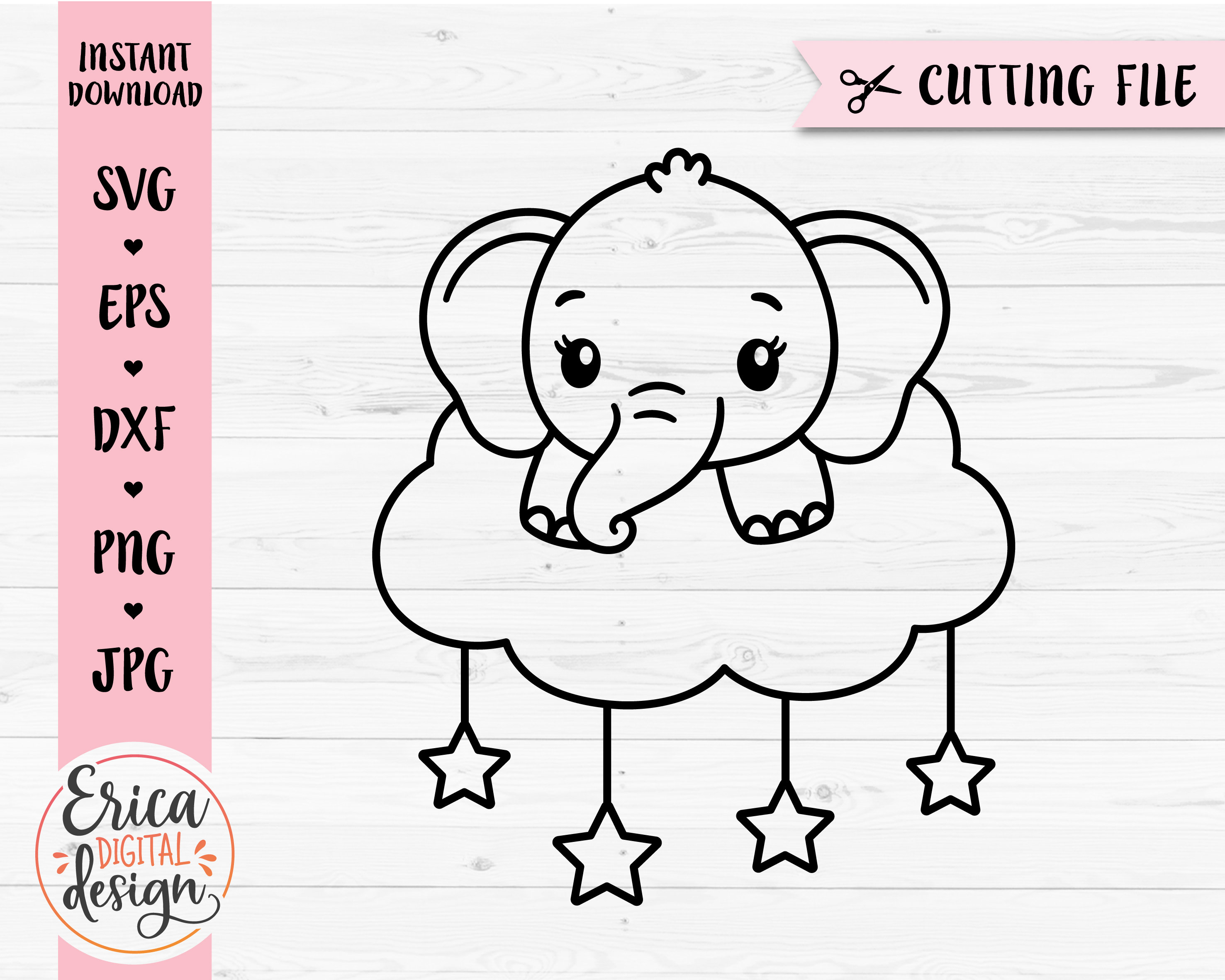 Baby Elephant SVG Elephant on Cloud Outline Cut File Baby - Etsy