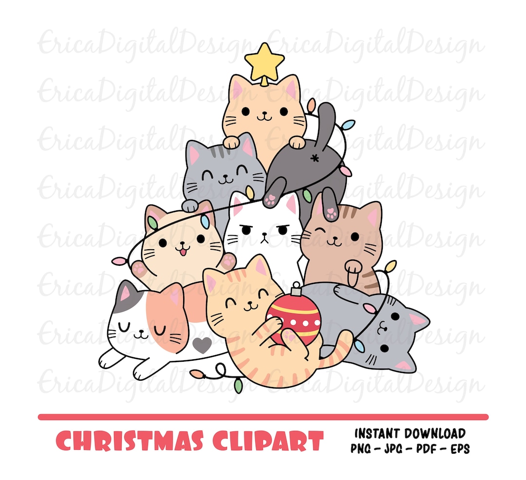 Christmas Tree Kawaii Clipart Cute Cat Digital Clip Art Funny Cats ...