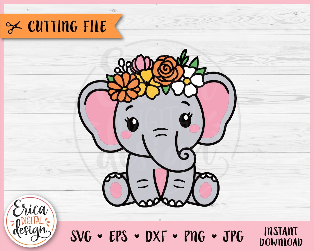 Girl Elephant Flower Crown SVG Cute Floral Elephant Cut File Cricut ...