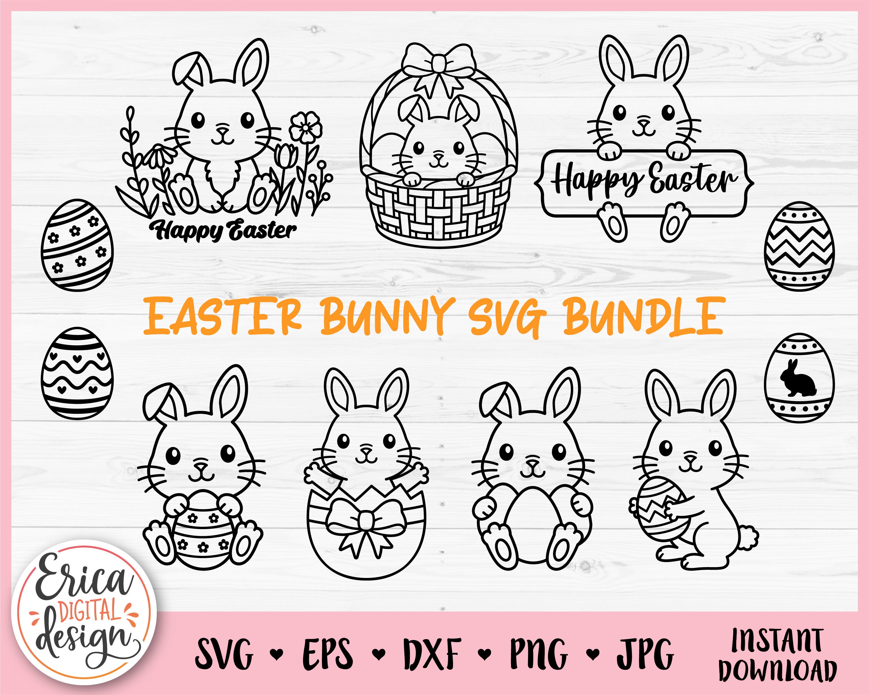 Easter Bunny SVG Bundle Cute Rabbit Easter Eggs Outline Cut - Etsy