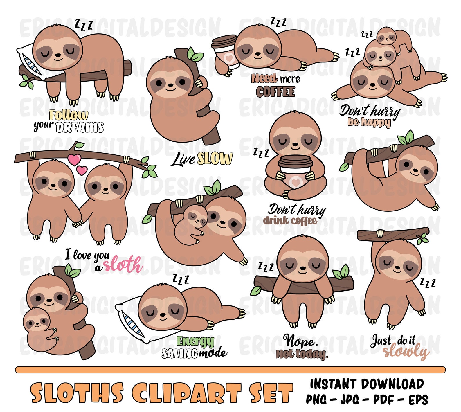 Sloth clipart Cute sleeping sloths clip art Kawaii hanging | Etsy