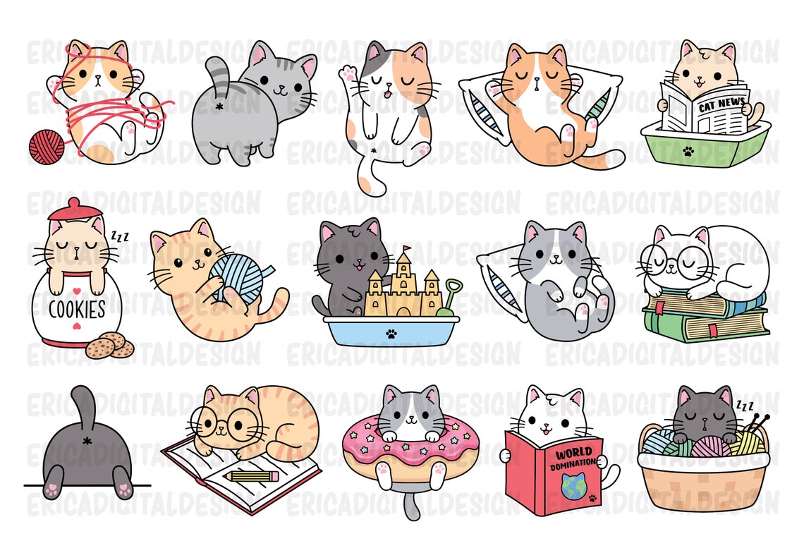 Funny Cats Clipart Cute Cat Clip Art Kawaii Kitten Kitty Icons - Etsy