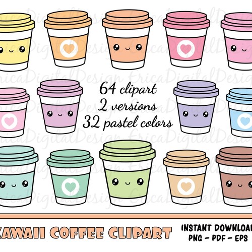 Colorful Coffee Cup Clipart Set Kawaii Coffee Clip Art - Etsy