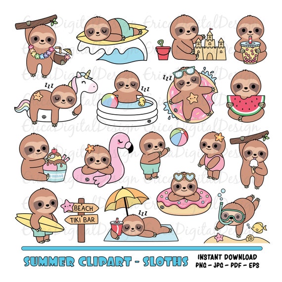 Cute Sloths Clipart Kawaii Summer Sloth Beach Pool Party | Etsy