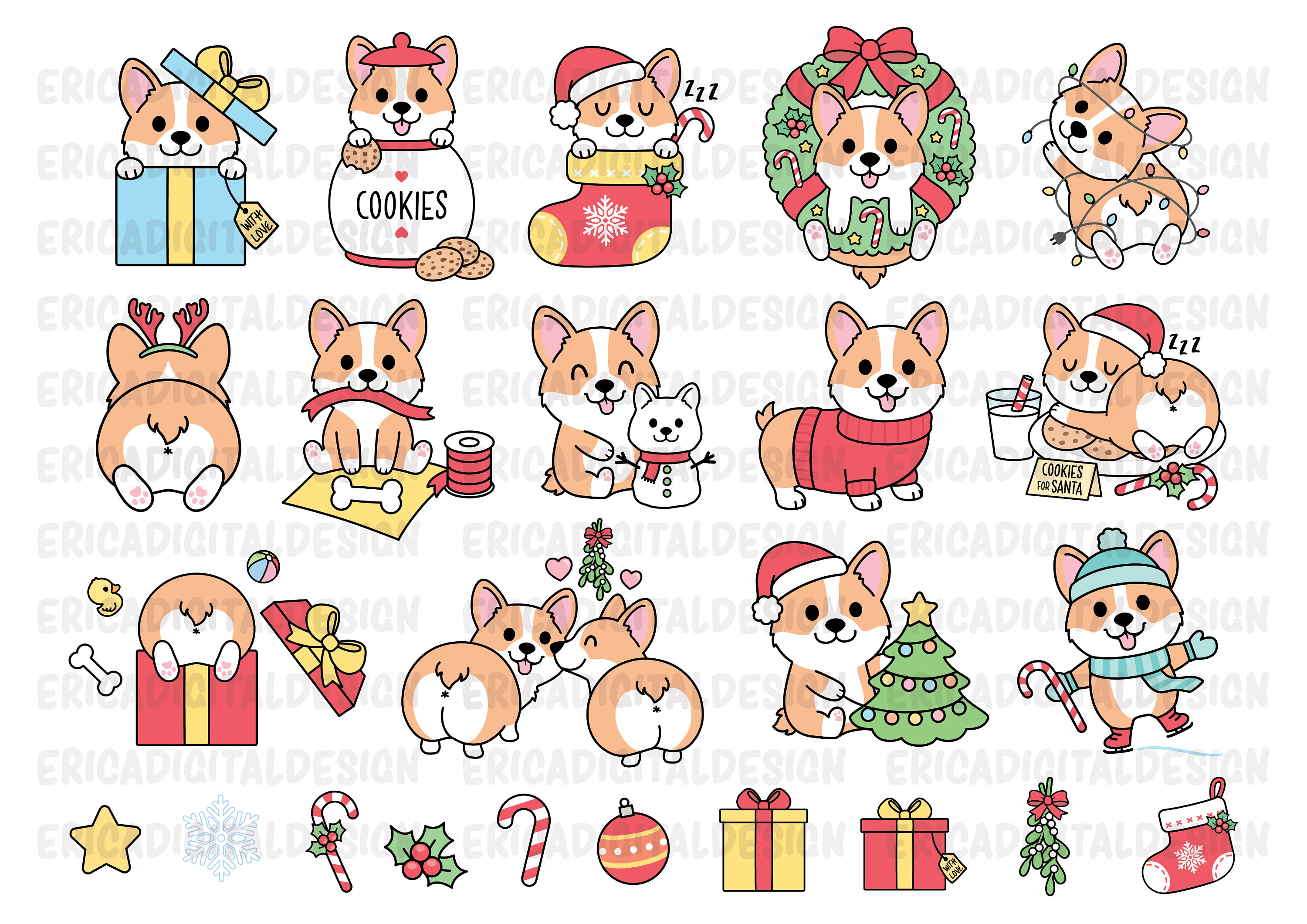 Christmas Corgi Clipart Set Cute Corgi Digital Clipart Kawaii Puppy ...