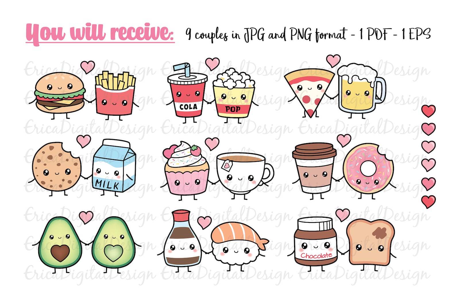 Perfect Match Kawaii Clipart Set Cute Food Clip Art Friendship Best ...