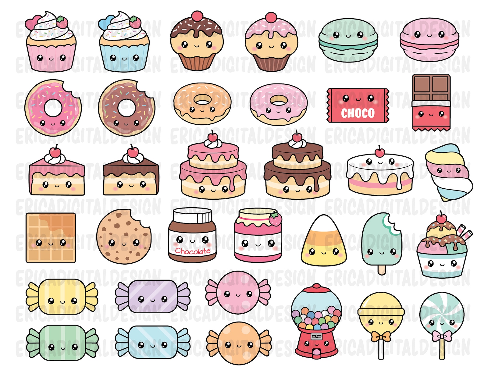 Kawaii Sweets Clipart Cute Sweet Candy Clipart Food Cake Donut Cupcake ...