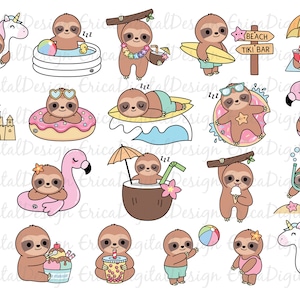 Cute Sloths Clipart Kawaii Summer Sloth Beach Pool Party Digital ...