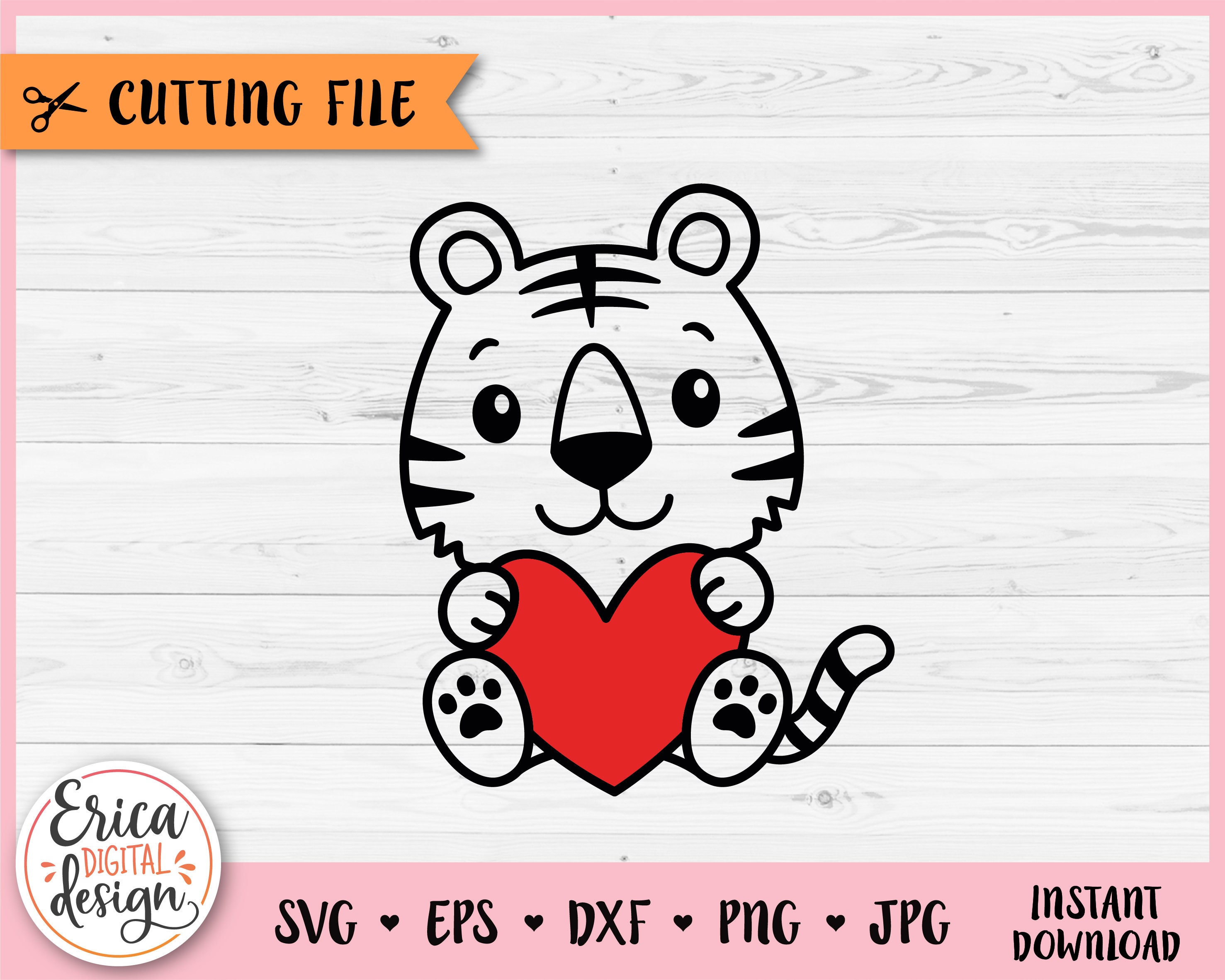 Tiger With Heart SVG Cute Baby Tiger Outline Cut File for - Etsy