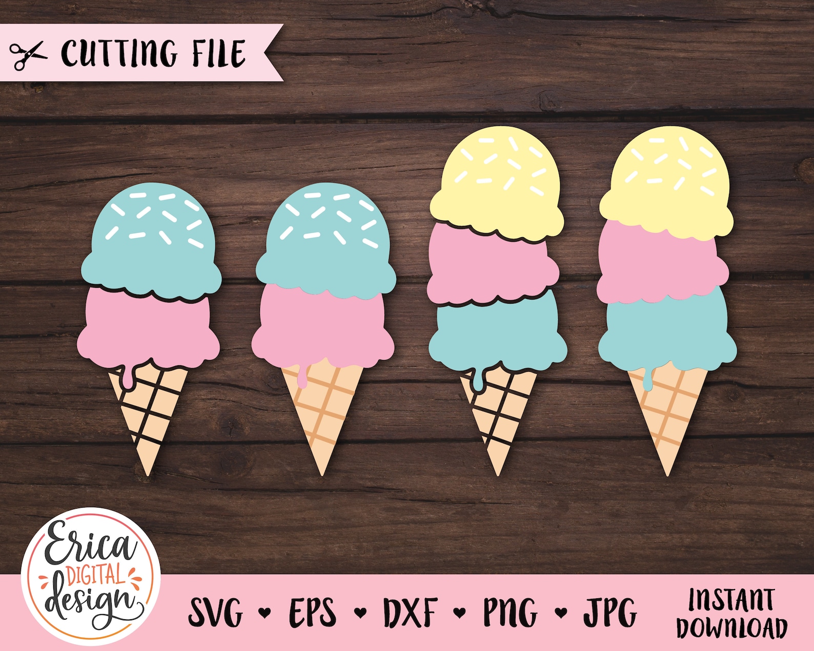 Ice Cream SVG Cut File Triple Ice Cream Cone Summer Party - Etsy