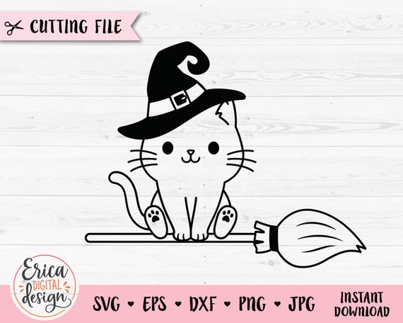 Halloween Cat Svg Cut File Witch Cat on Broom Cute Cat With - Etsy