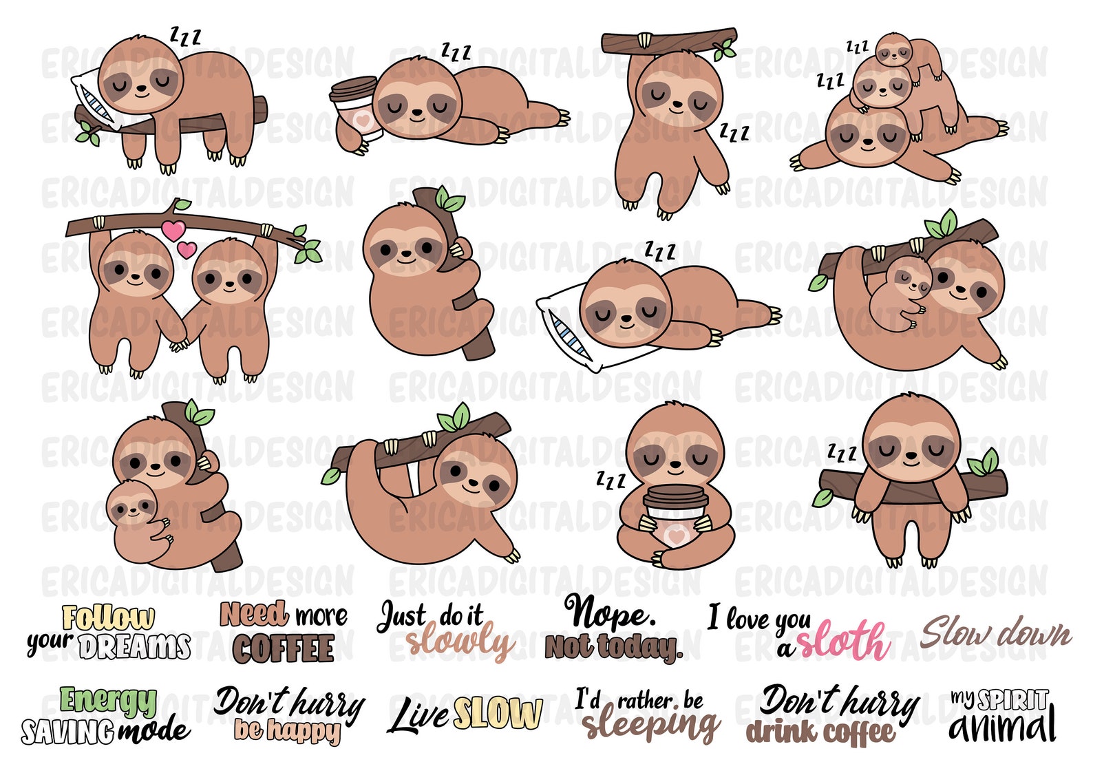 Sloth clipart Cute sleeping sloths clip art Kawaii hanging | Etsy