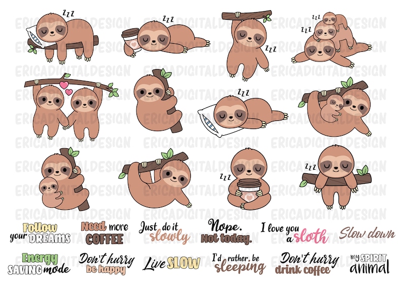 Sloth Clipart Cute Sleeping Sloths Clip Art Kawaii Hanging - Etsy Canada