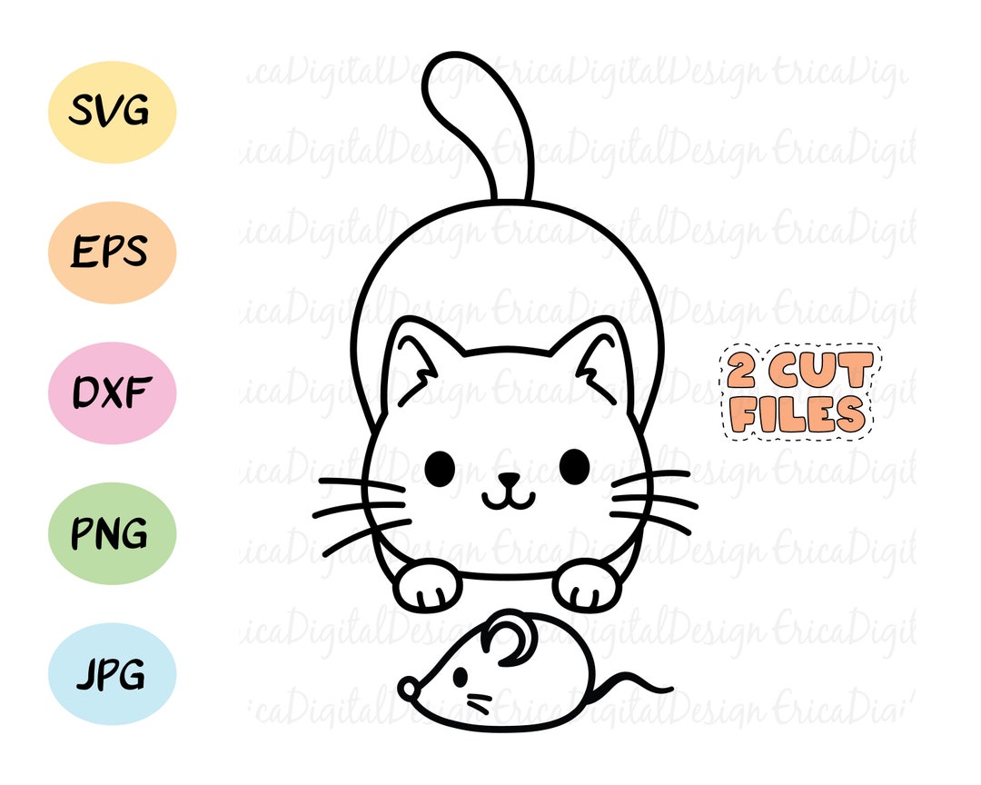 Cute Cat Outline SVG Cut File Kawaii Cat Mouse Cutting File Kitty ...