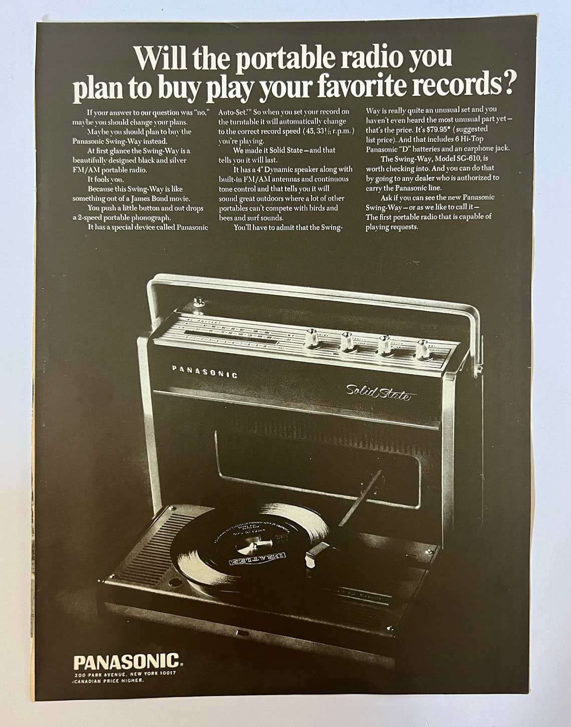 Vintage Panasonic Record Player Advertisement - Etsy
