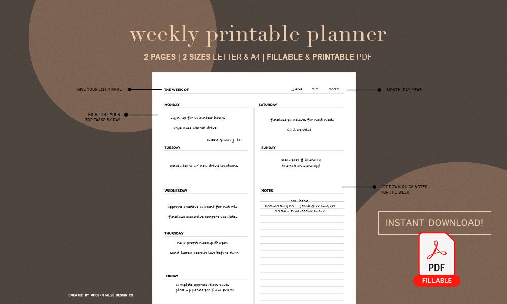Editable Fillable Printable Checklist Weekly Planner Template Modern ...