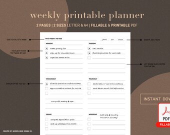 Editable Fillable Printable Checklist Weekly Planner Template Modern ...