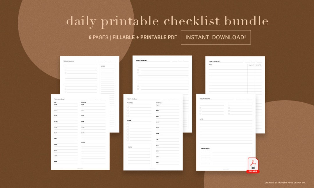 Fillable Printable Checklist Bundle Daily Planner Templates Modern ...
