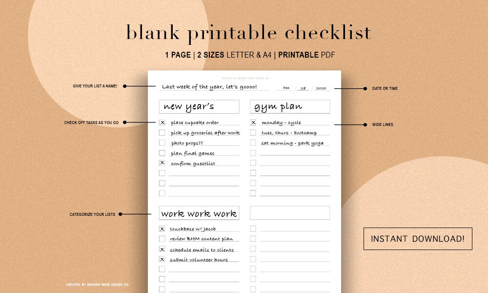 Blank Printable Checklist Daily Weekly Planner Template Modern ...