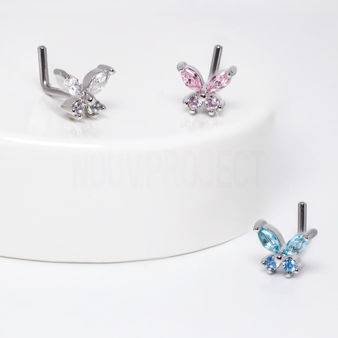 1pc 316L Surgical Steel Butterfly Nose Ring Nose Stud L Bend Nose Bone CZ Butterfly Nose ...