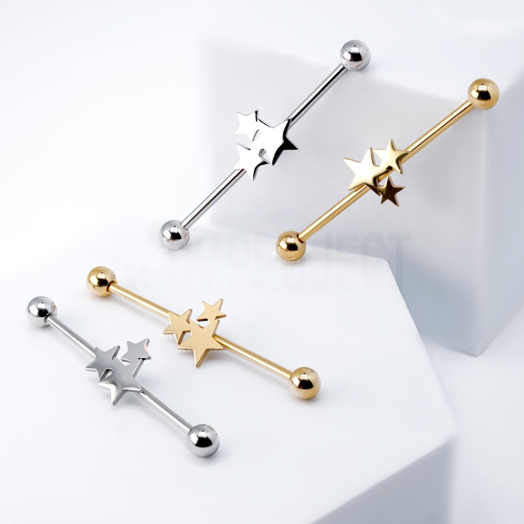1pc Three Stars 316L Surgical Steel Industrial Barbell 14GA - Gold ...