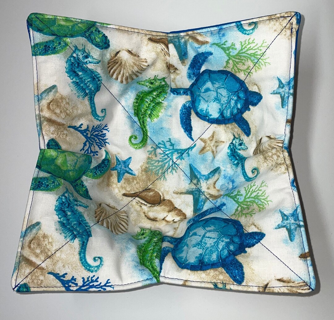 Microwave Bowl Cozy, Sea Turtles and Sea Shells, Hot Pad, Quilted, Pot ...