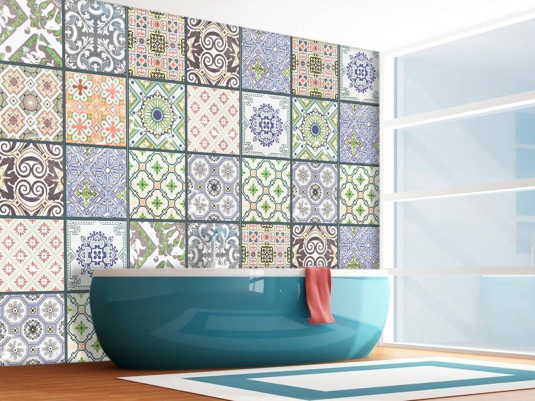 Set OF 12 Spanish Tiles Wall Stickers Vinyl, Traditonal Mexican Tile ...