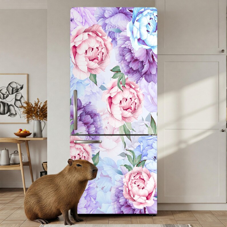 Multicolored Peonies Fridge Wrap Decal, Pastel Floral Refrigerator ...