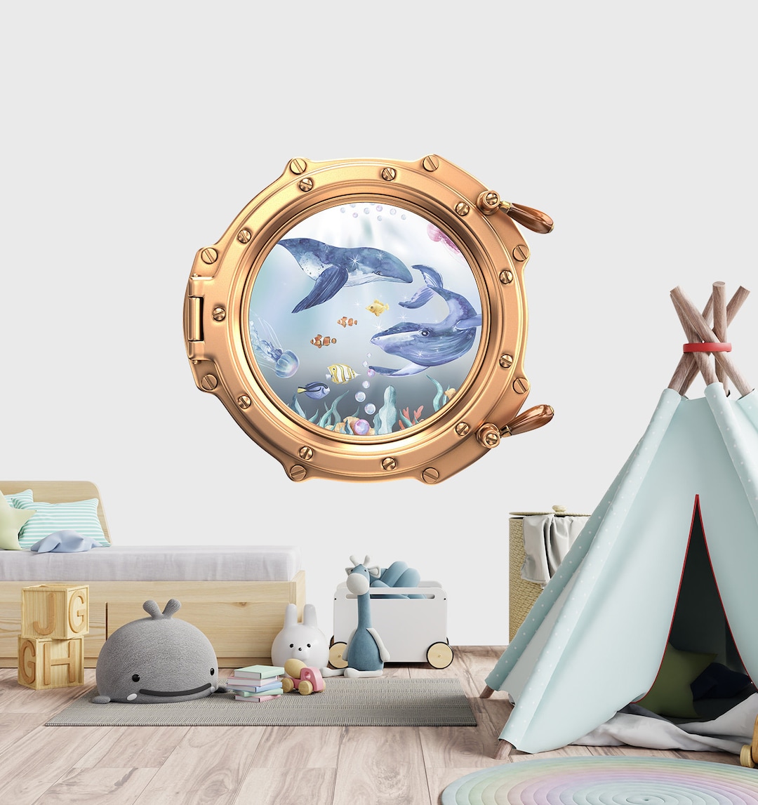 Porthole Wall Decal With Whale, Watercolor Ocean Animals Decor for Kids ...