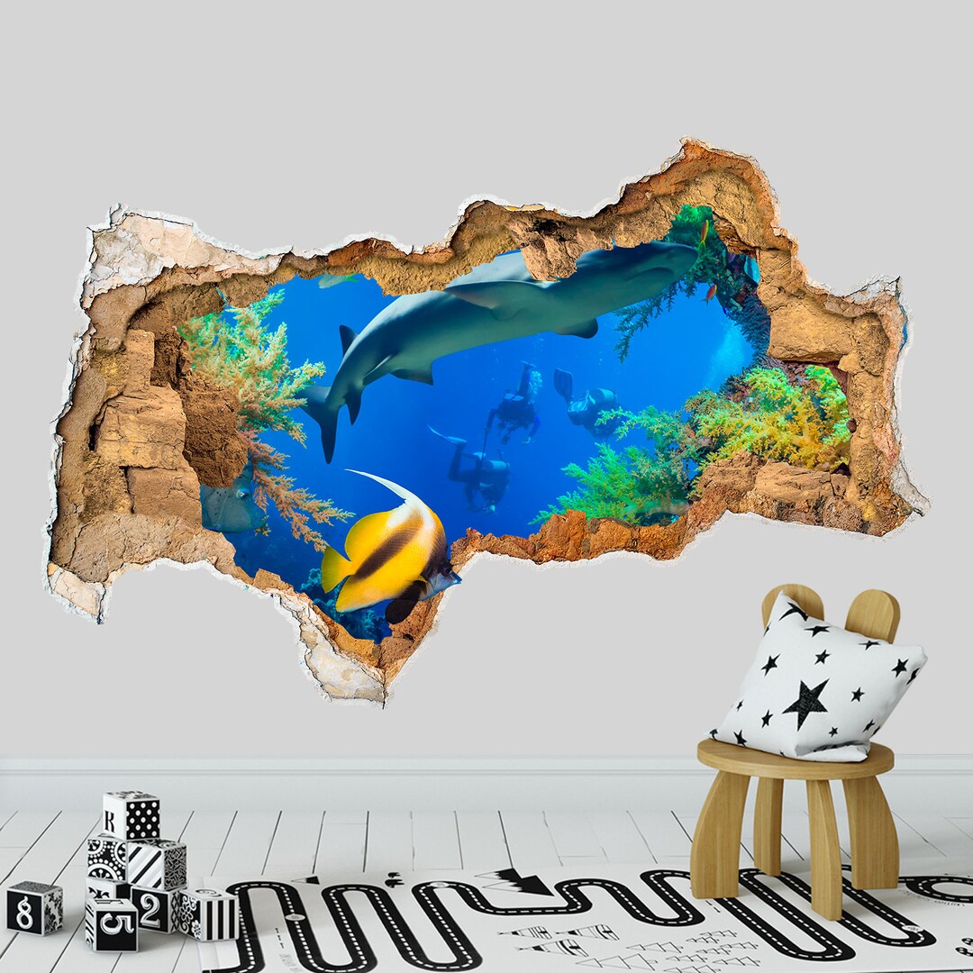 3D Wall Decal Nautical Underwater Nursery Decor 3D Depth Illusion Shark ...