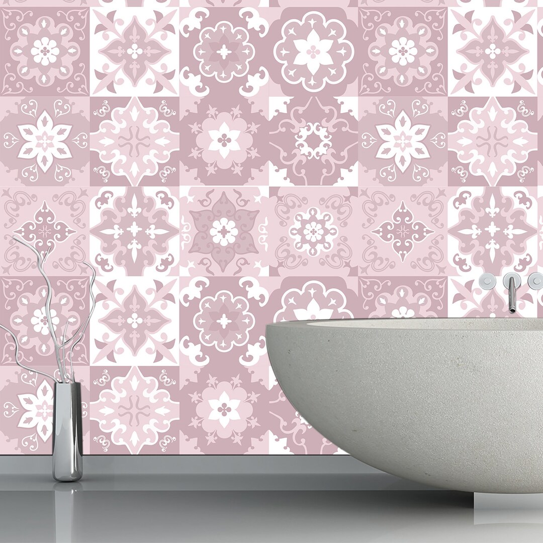 Set OF 24 Tiles Wall Stickers Pink. Spanish Style Tiles. Tile Stickers ...
