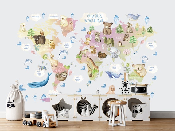 Kids World Map Educational Wall Sticker Watercolor Wild | Etsy