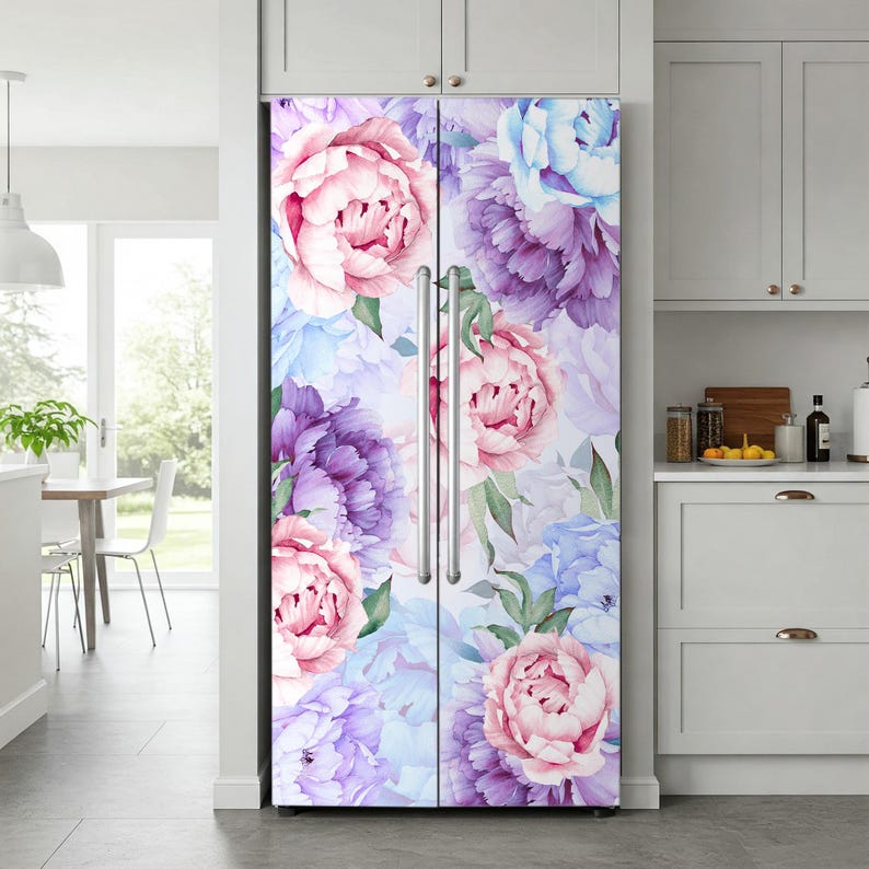 Multicolored Peonies Fridge Wrap Decal, Pastel Floral Refrigerator ...