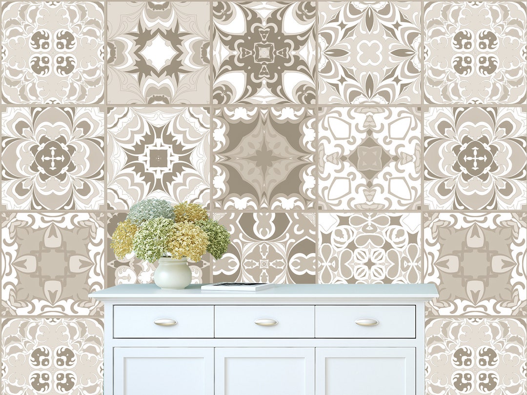 Set OF 24 Tiles Wall Stickers, Beige Mexican Portuguese Etno Traditonal ...
