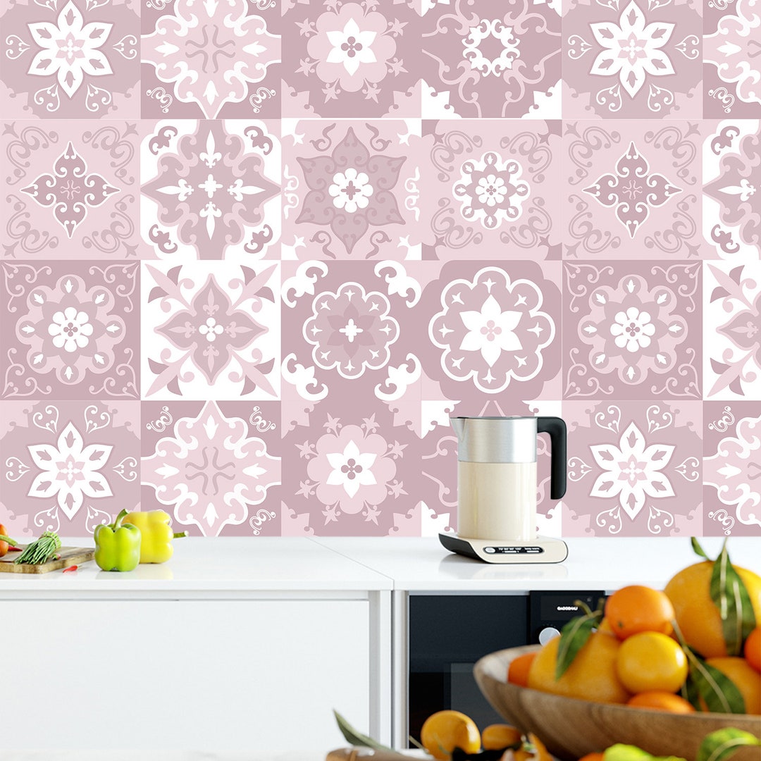Set OF 12 Tiles Wall Stickers. Pink Spanish Style Tiles. Tile Stickers ...