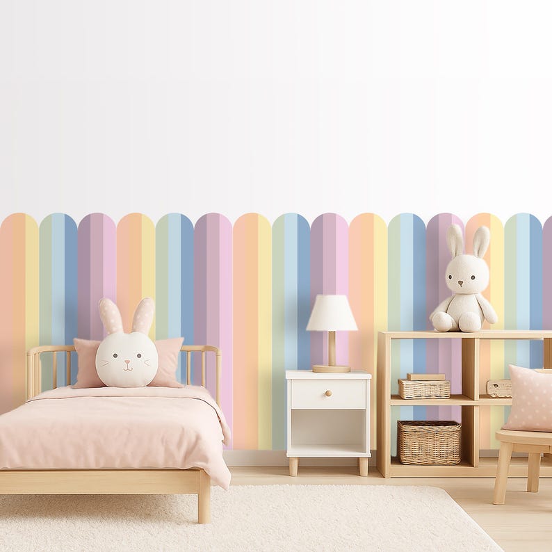 Rainbow Pastel Stripes Wall Decal Nursery, Scalloped Colorful Kids Room ...