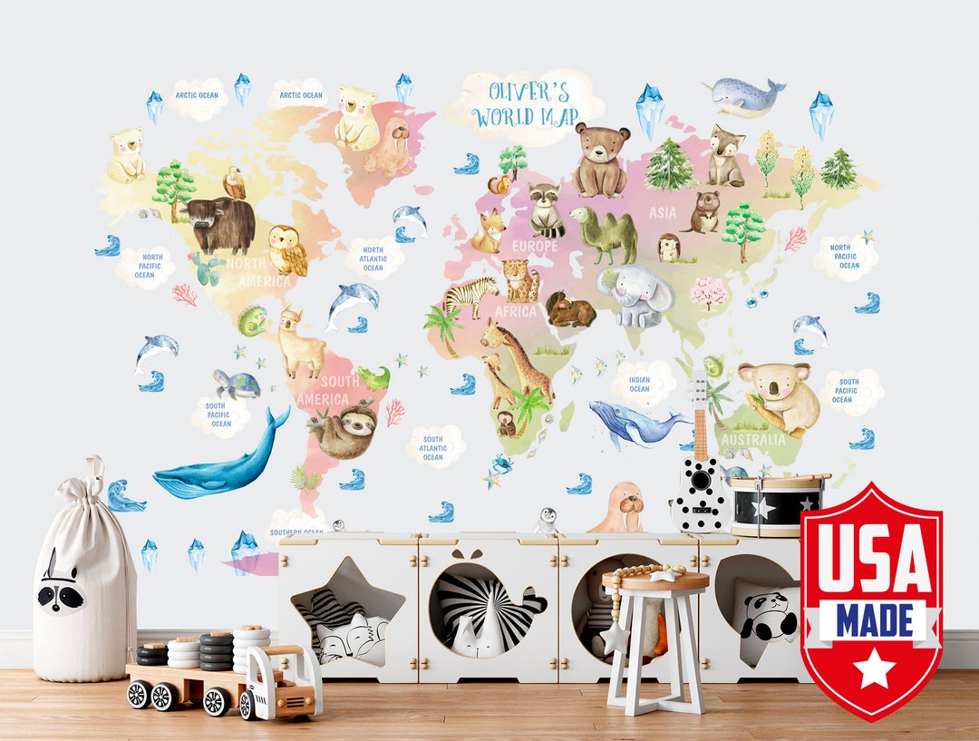 Kids World Map Educational Wall Sticker, Watercolor Wild Animals ...