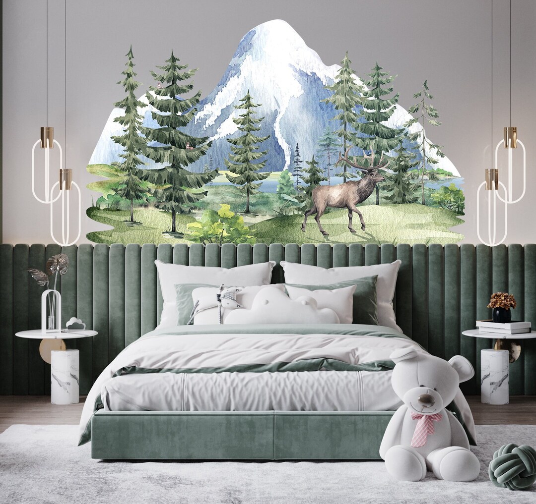 Woodland Watercolor Wall Decal Mountain, Pine Tree Forest Nursery Mural for Boy or Girl, Above ...