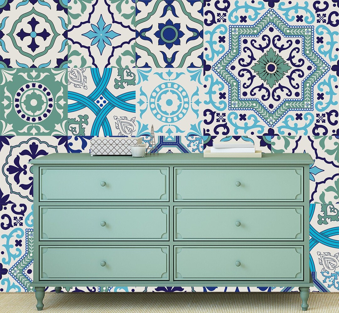 Set OF 12 Tiles Wall Stickers Traditonal Mexican Tile Turquoise Tile ...