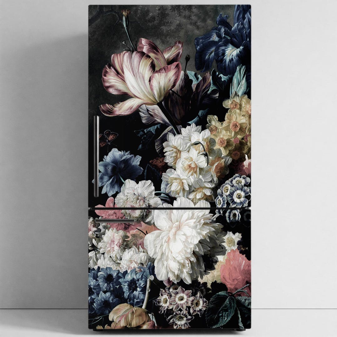 Dark Floral Fridge Decal Peel and Stick, Black Retro Flower ...