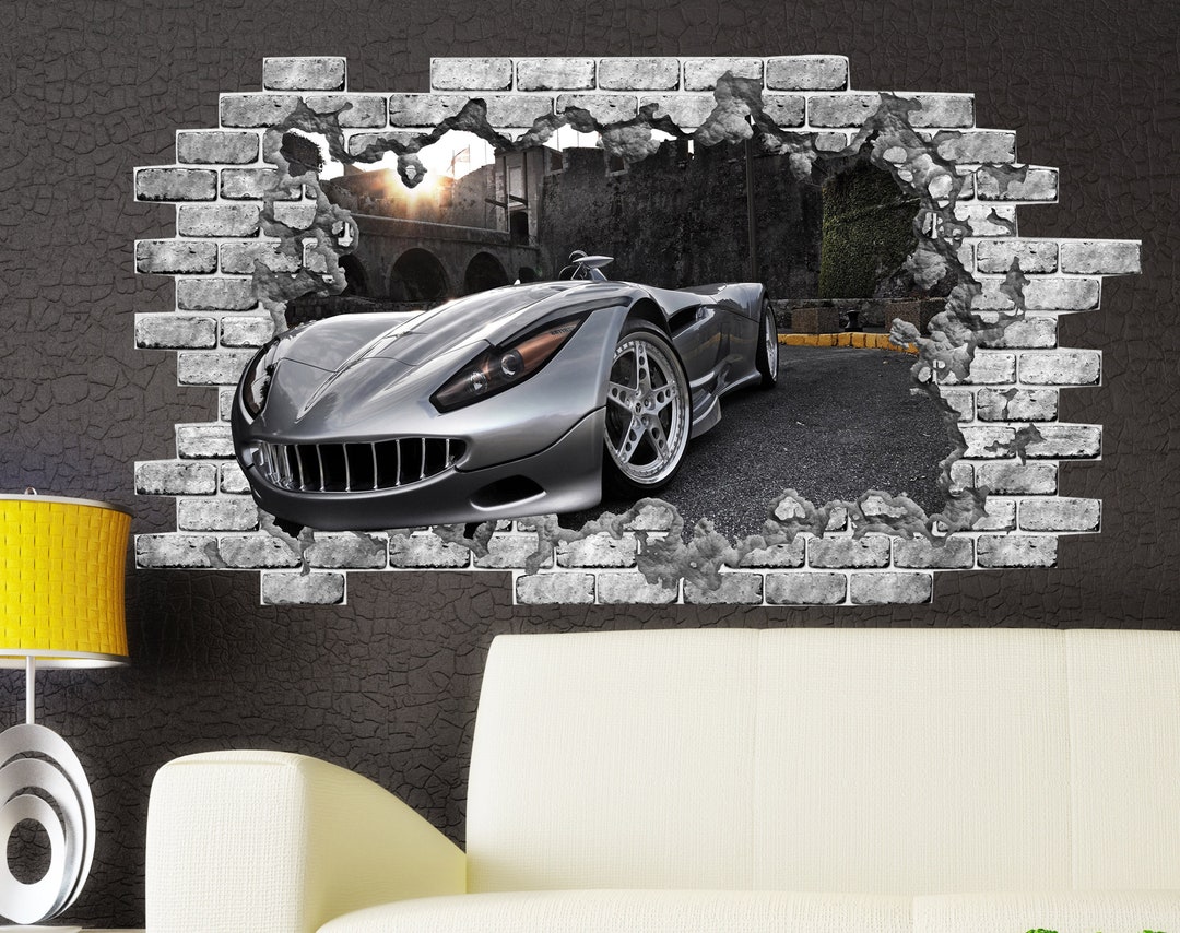 3D Car Wall Decal Nursery Boys 3D Depth Illusion in Hole Luxury Sport ...