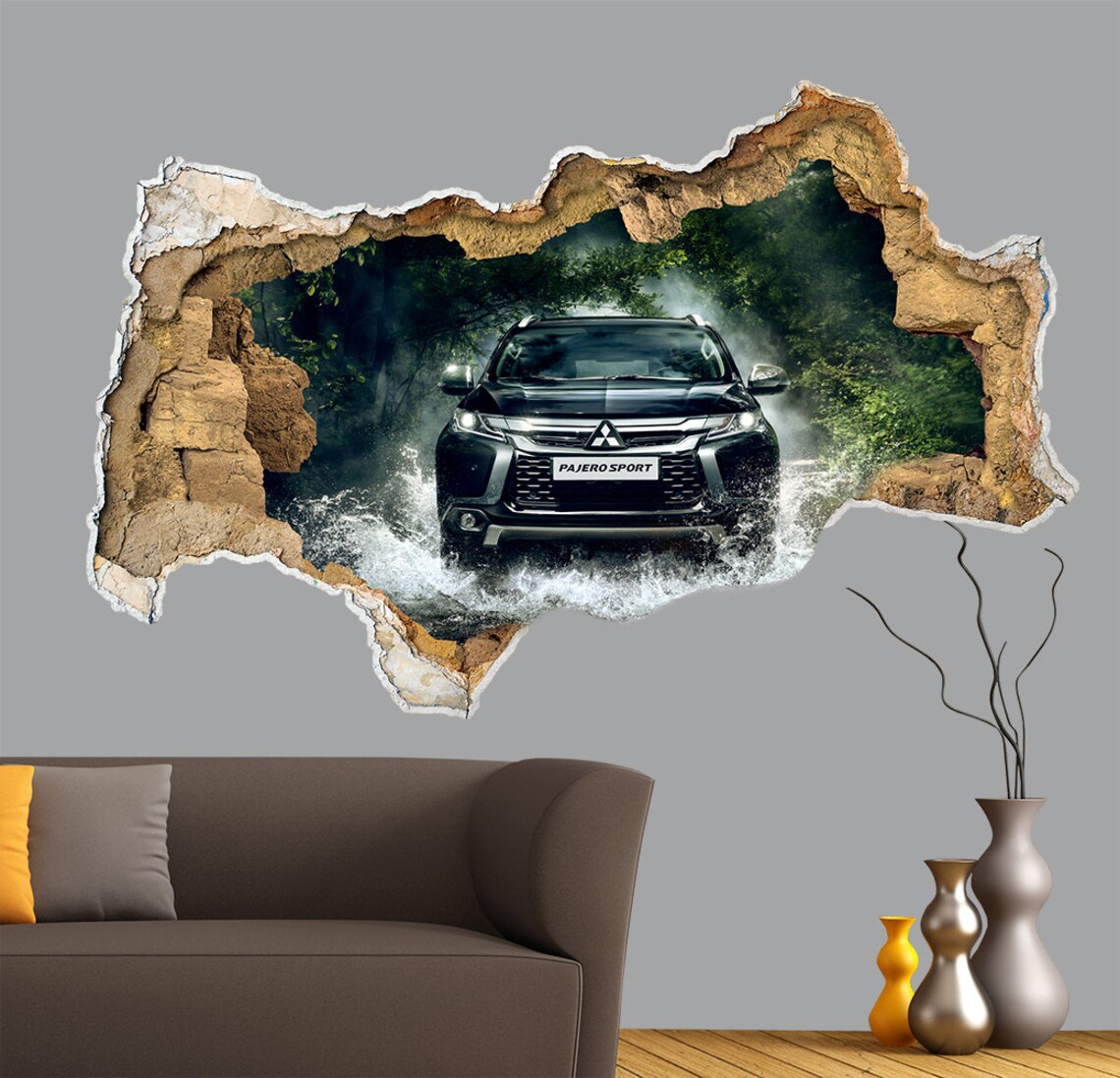 Car Wall Decal Mitsubishi. Hole in Wall 3D Wall Decor Sport Car Sticker ...