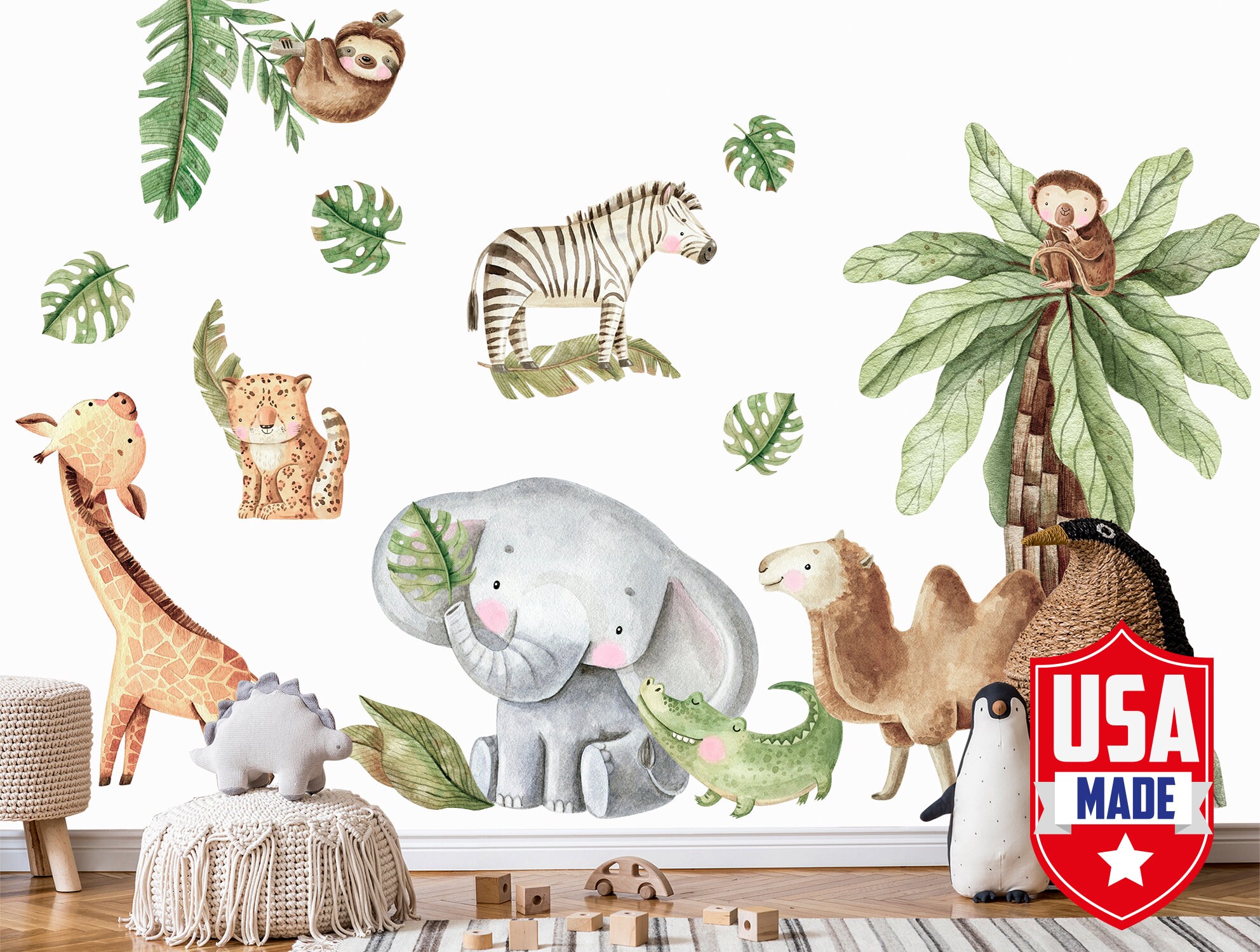 Set of Safari Animals Wall Decals Toddler Room, Pastel Big Jungle Wall ...