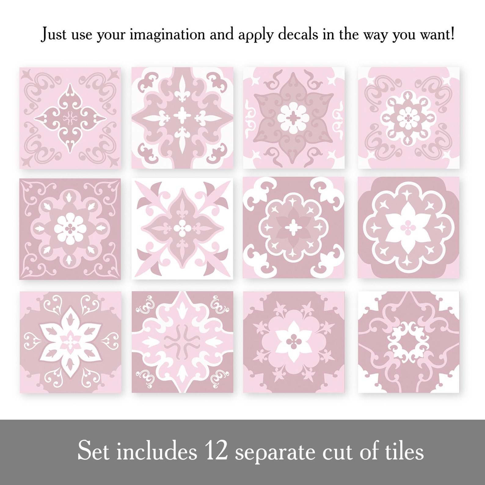 Set OF 12 Tiles Wall Stickers. Pink Spanish Style Tiles. Tile Stickers ...