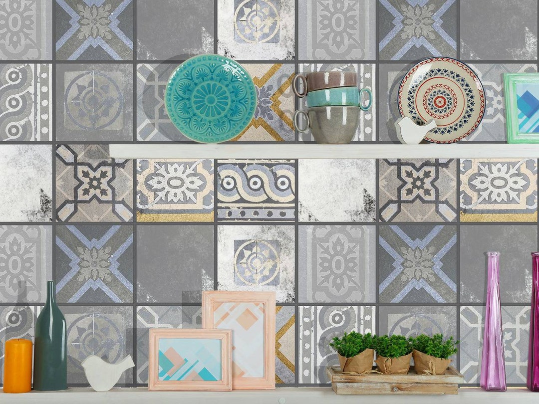 Set OF 12 Tiles Grey Spanish Wall Stickers Vinyl, Traditonal Mexican ...