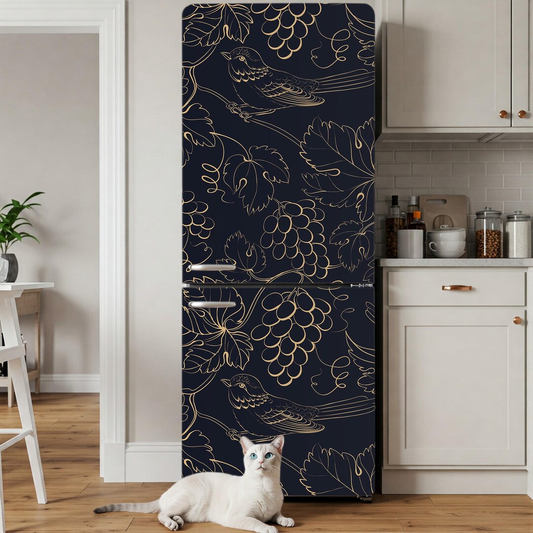 Navy Blue Fridge Wrap With Gold Birds and Grapes, Luxury Refrigerator ...