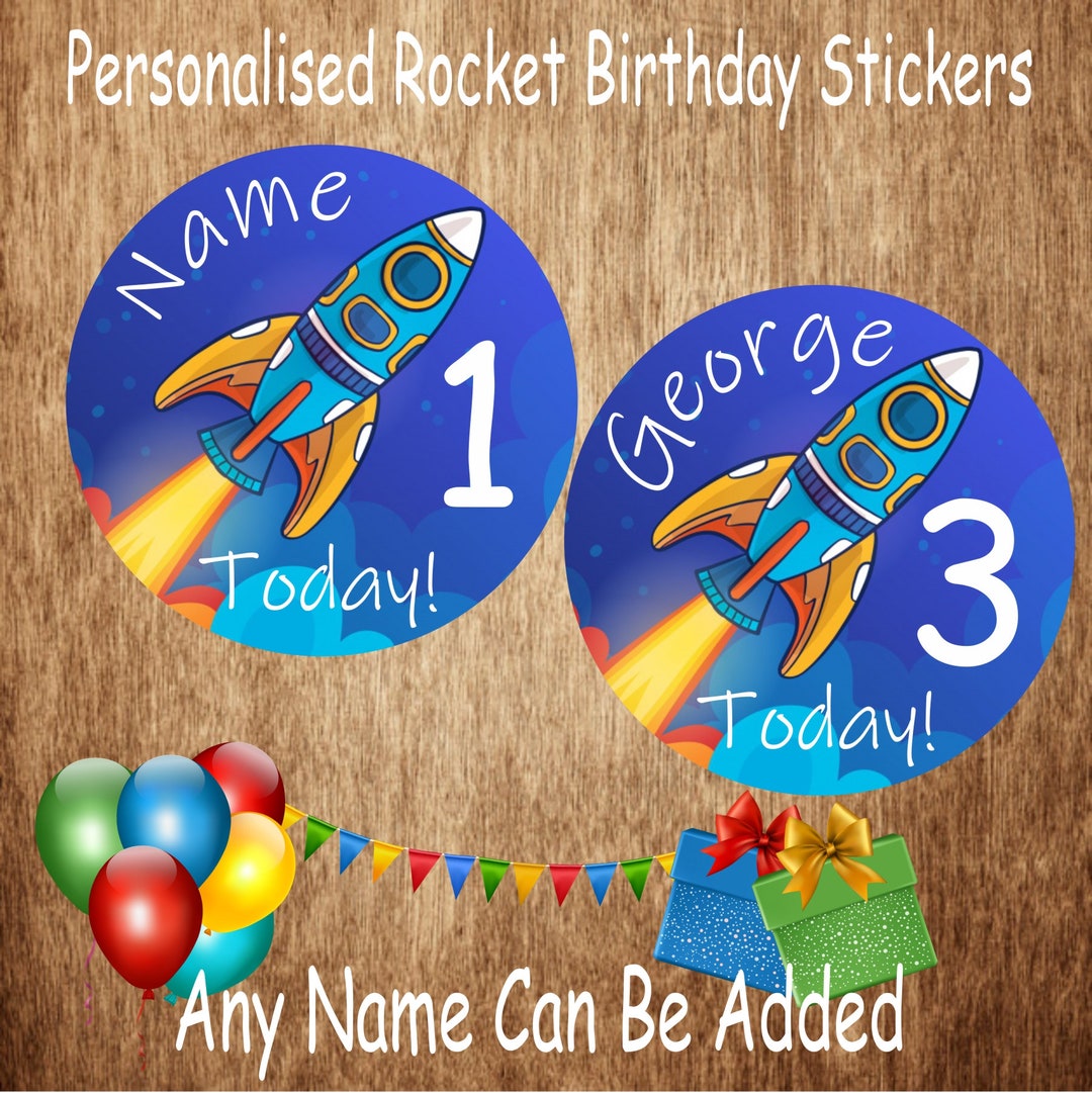 48 Personalised Party Stickers Rocket Design Any Name and Choice of Age ...