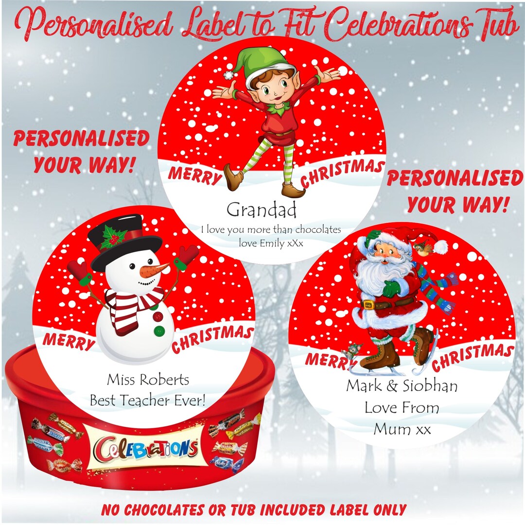 Personalised Label for Celebrations Chocolates Tub Christmas Elf, Santa ...