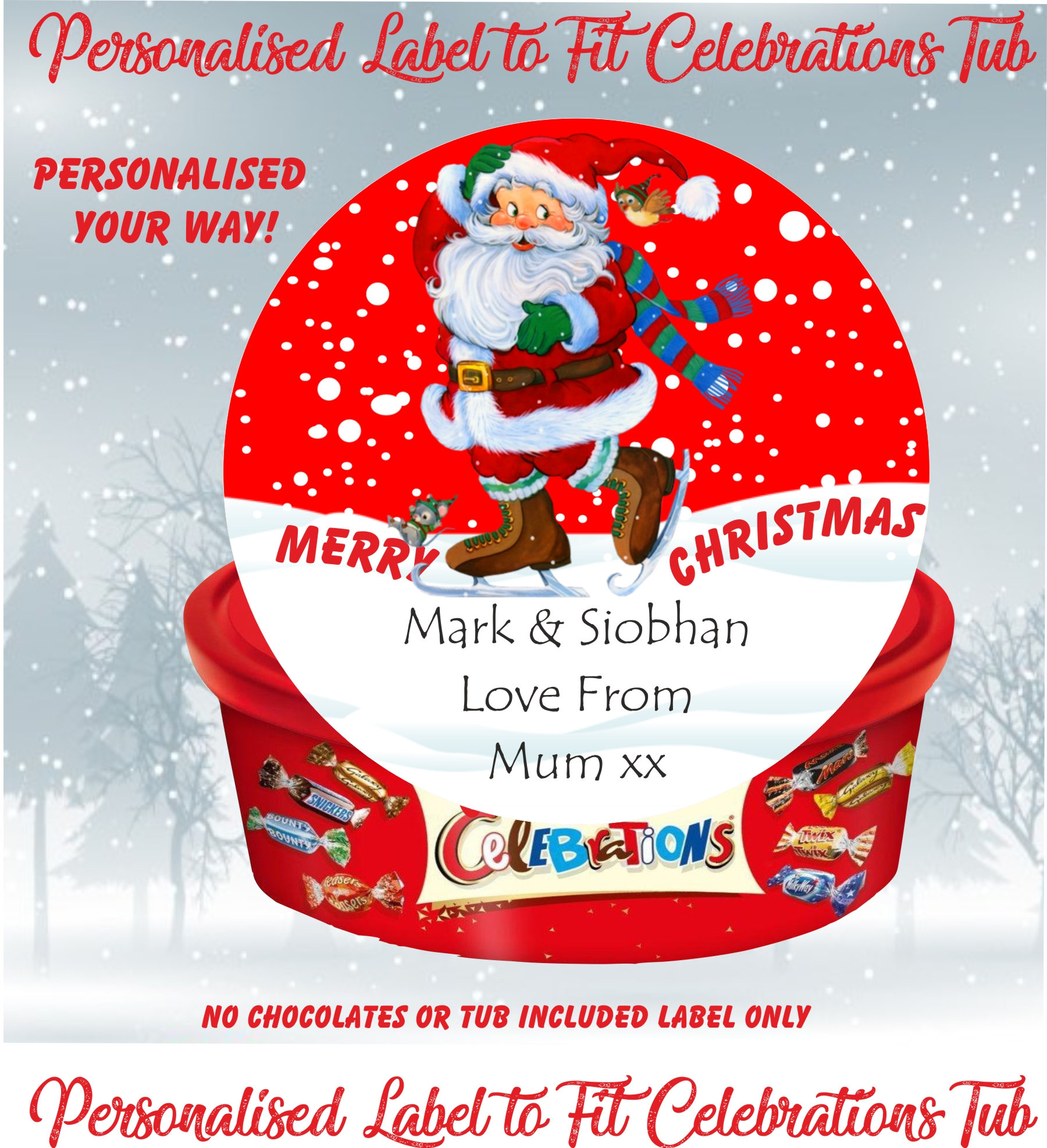 Personalised Label for Celebrations Chocolates Tub Christmas Elf, Santa ...